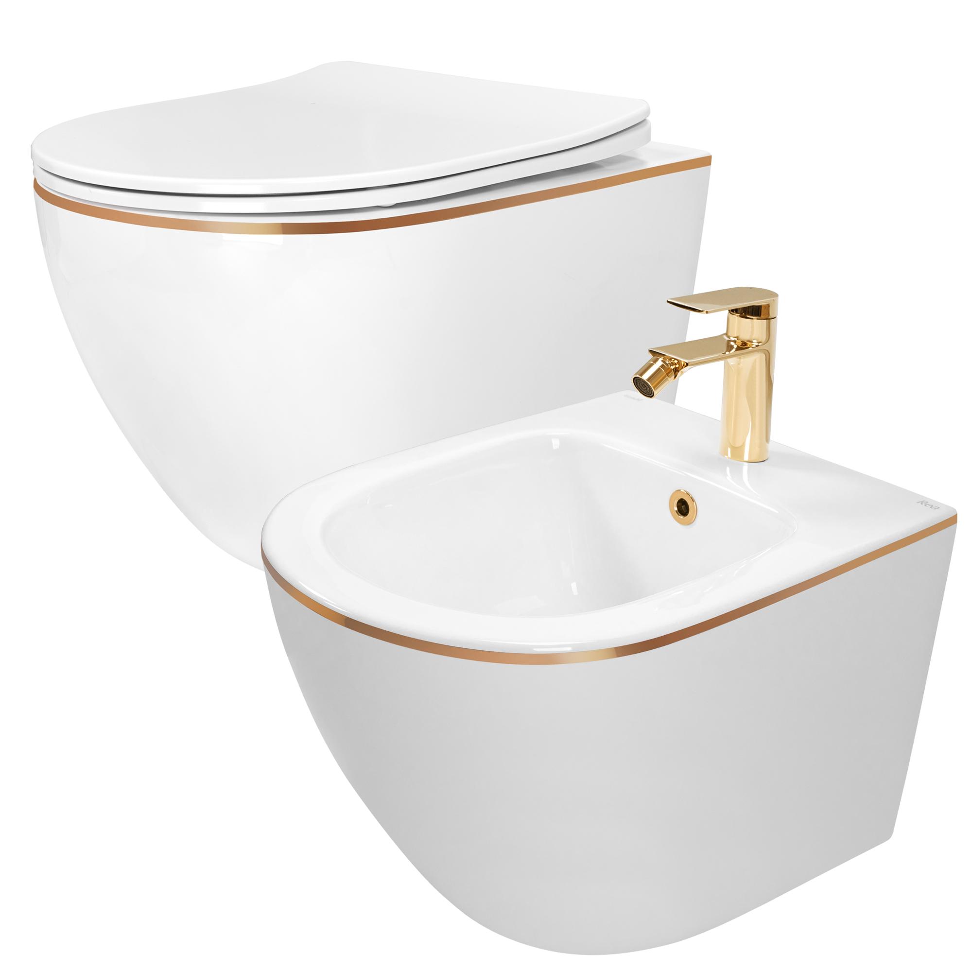 Set Toilet bowl WC CARLO Mini Flat + bidet CARLO Mini White Gold Edge - Rea